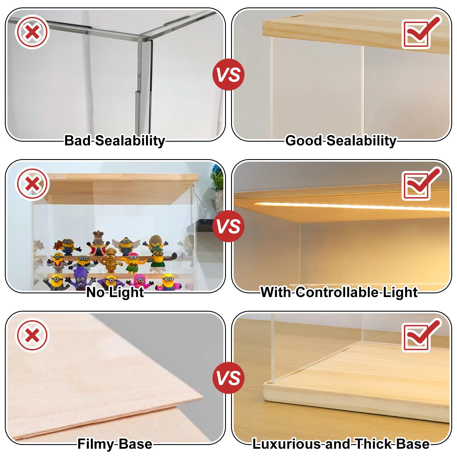 LANSCOERY Acrylic Display Case with LED Light, Clear 5 Tier Organization, Dustproof Wooden Display Box, Exclusive Showcase for Collectibles, Mini Figures and Funko Pop, 11.8x11x11.8inch