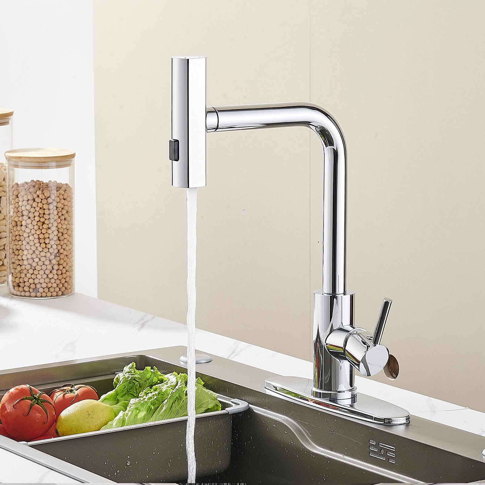 AVSIILE Kitchen Faucet with Pull Down Sprayer, Chrome Waterfall Touch Single Hole Stainless Steel Kitchen Sink Faucets, Commercial Modern Single Handle Faucets for Kitchen Sinks with Pull-down Sprayer