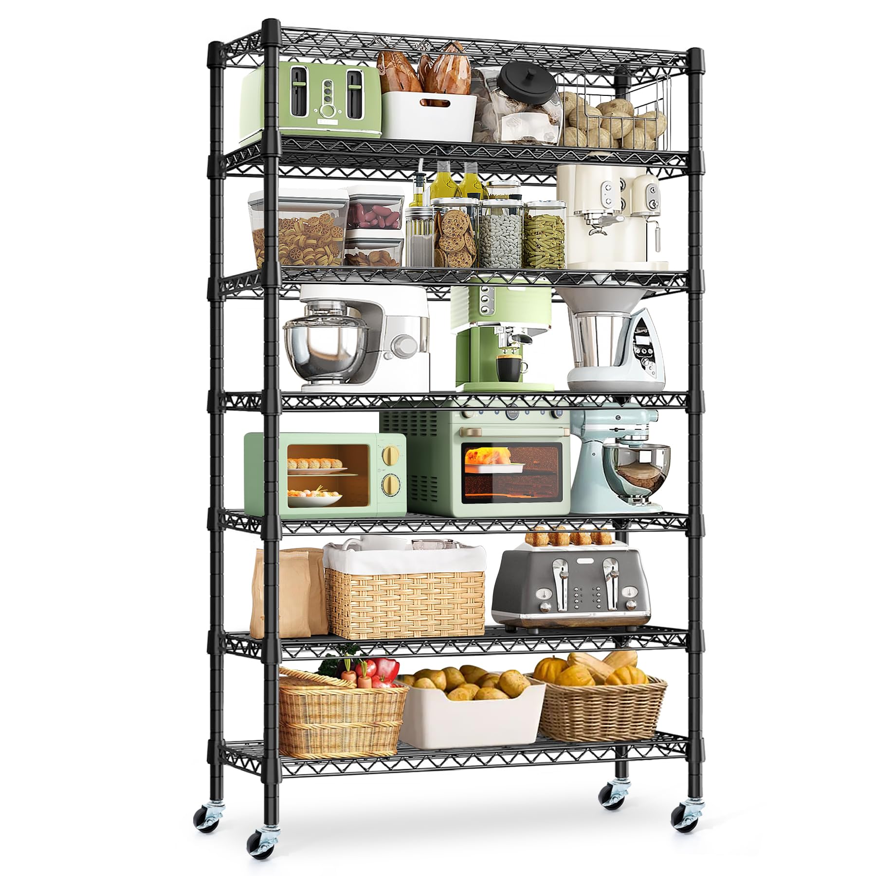 BSFHH Tool Utility Shelves, 7-Tier Adjustable Wire Shelving Unit Storage Shelves Heavy Duty Storage Rack with Wheels