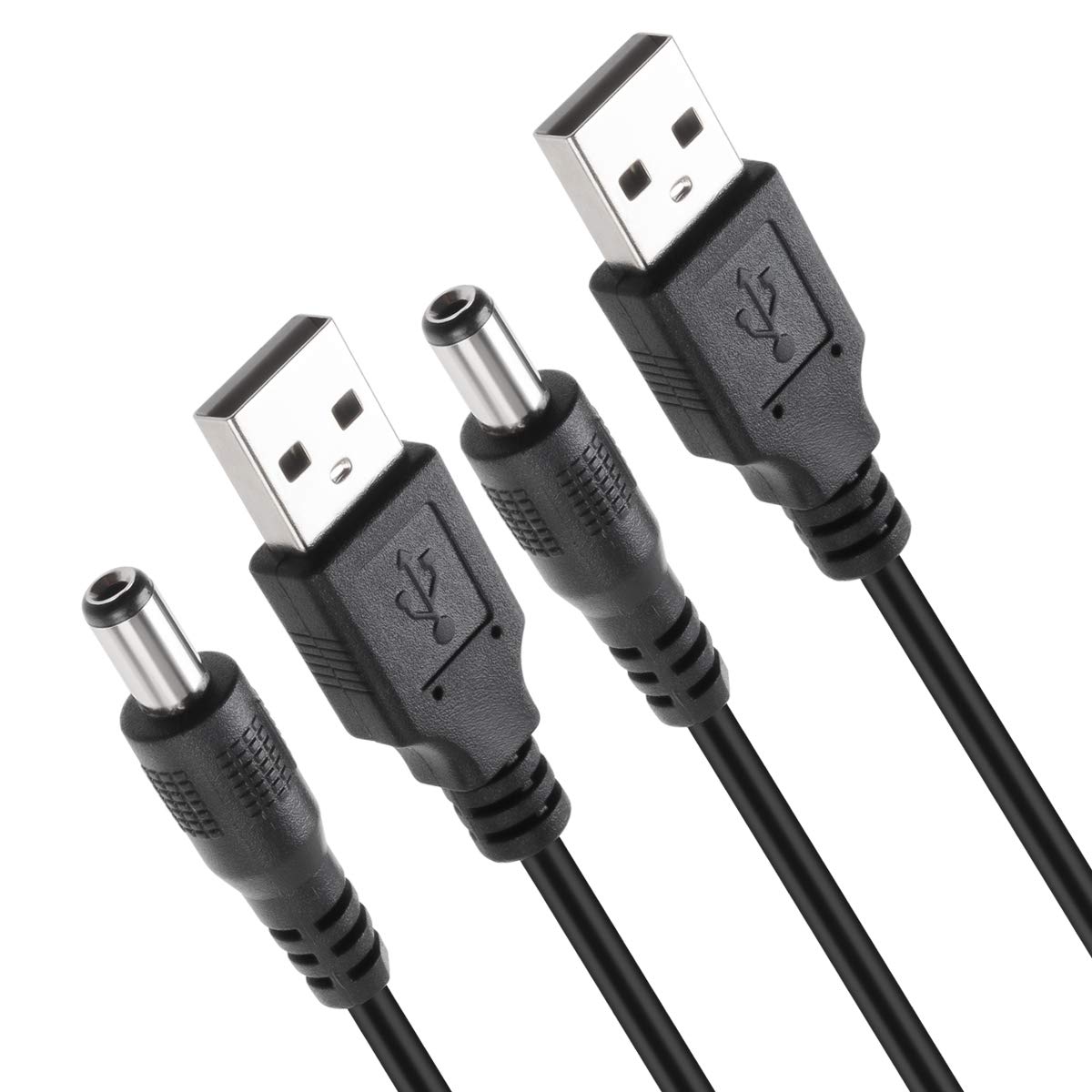 TENINYU USB 2.0 A Male to DC 5.5x2.1mm 5 Volt 24AWG DC Connector Charge Barrel Jack Power Cable Black, 3FT (Max 2.5 Ampere Power Cable, Center PIN Positive),2Pack