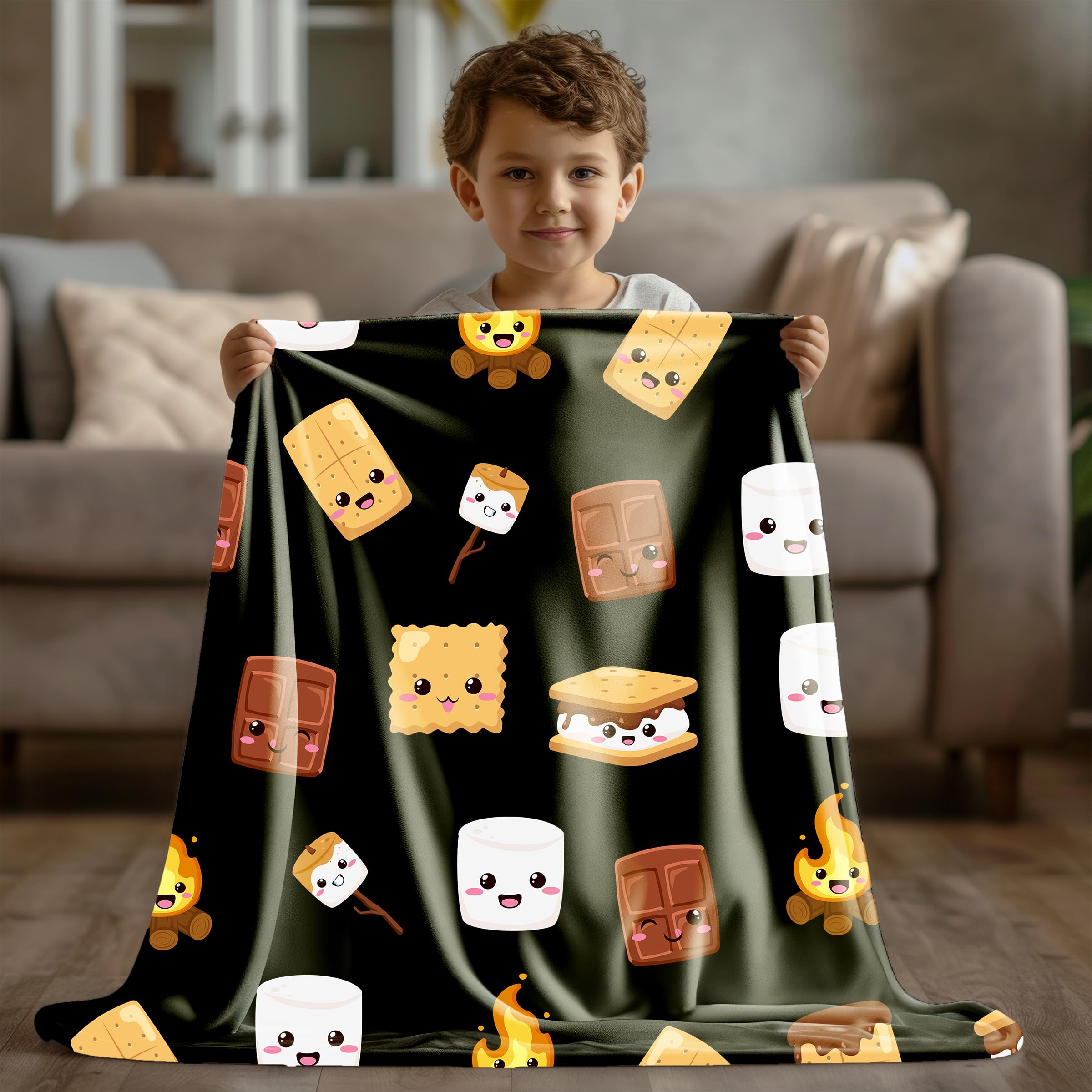 Sofcozlush Cute S'Mores Blanket Marshmallow Cookie Blanket Black Soft Plush Fuzzy Flannel Fleece Throw Blanket for Couch Food Blanket 50"x40" for Kids