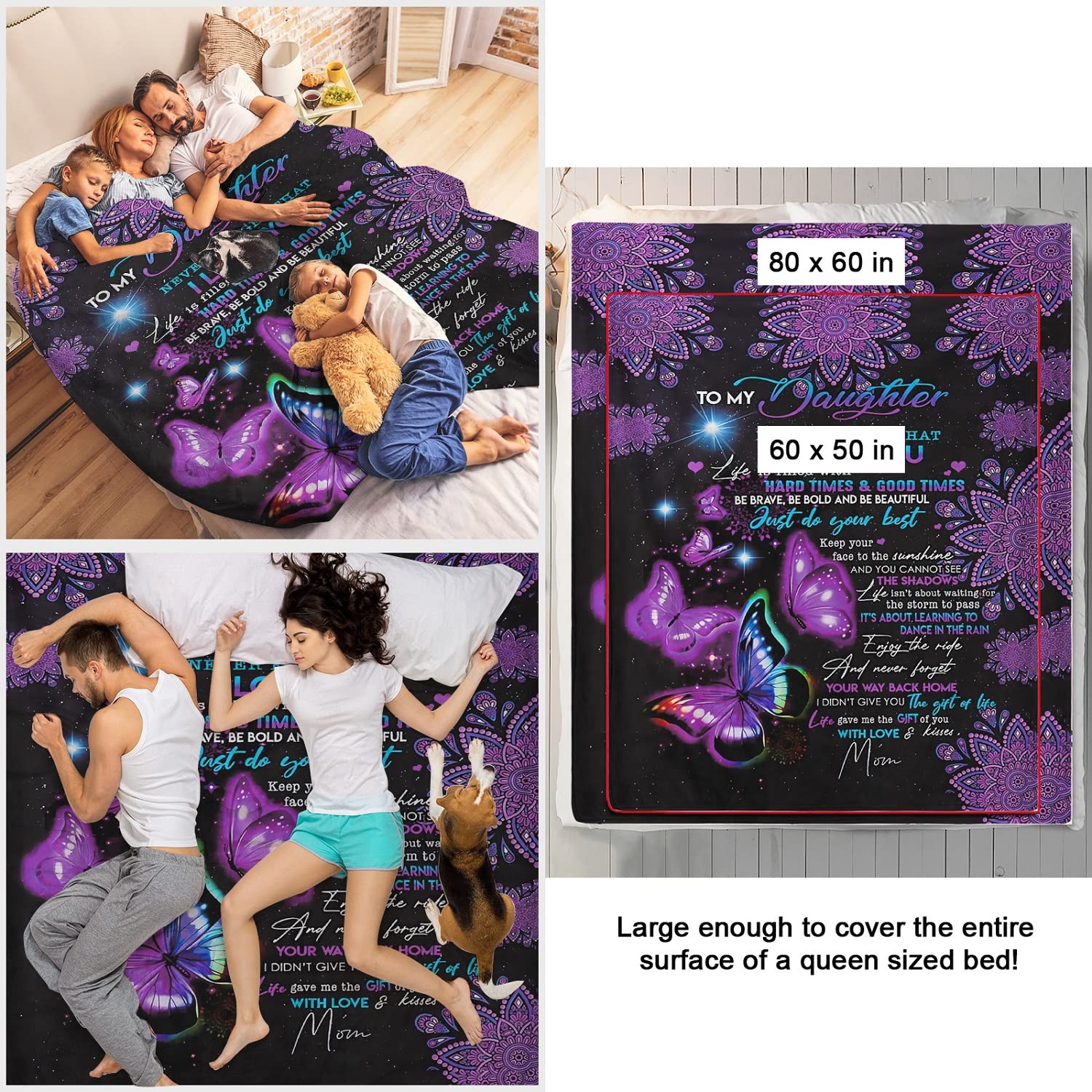 yuboo Daughter Blanket, Daughter Birthday Gifts from Mom - Extra Large Soft Throw Blanket 60x80 Inches Sublimation Butterflies Fleece Blanket for Couch and Sofa Bed