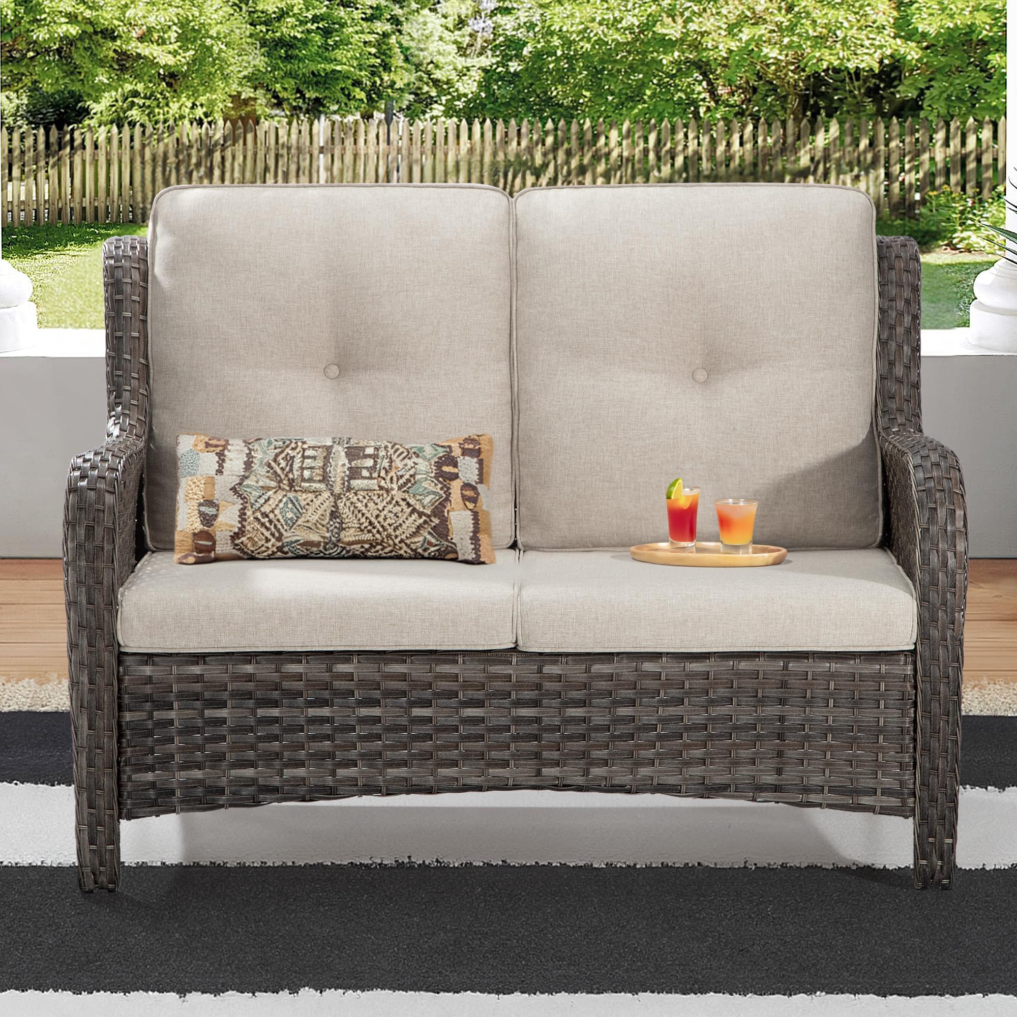 Gardenbee Patio Sofa Wicker 2-Seat Outdoor Couch with Deep Seating, High Back, Steel Frame and Olefin Cushion, Orange