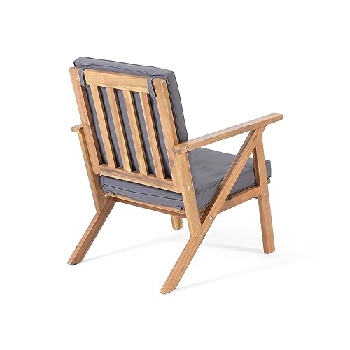 Christopher Knight Home Panama Outdoor Acacia Wood Chat Set with Water Resistant Cushions, 4-Pcs Set, Teak Finish / Grey