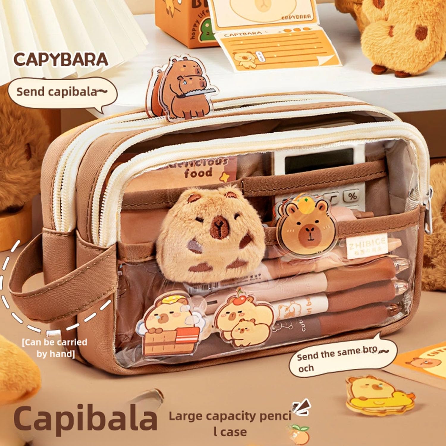Capybara Pencil Case, Cute Msfym Pencil Pouch Lock Aesthetic Capybara, Kawaii Clear Capybara School Supplies with Compartments, Comes with Brooch, Stickers, Pendant, And Memo Pad (Brown)