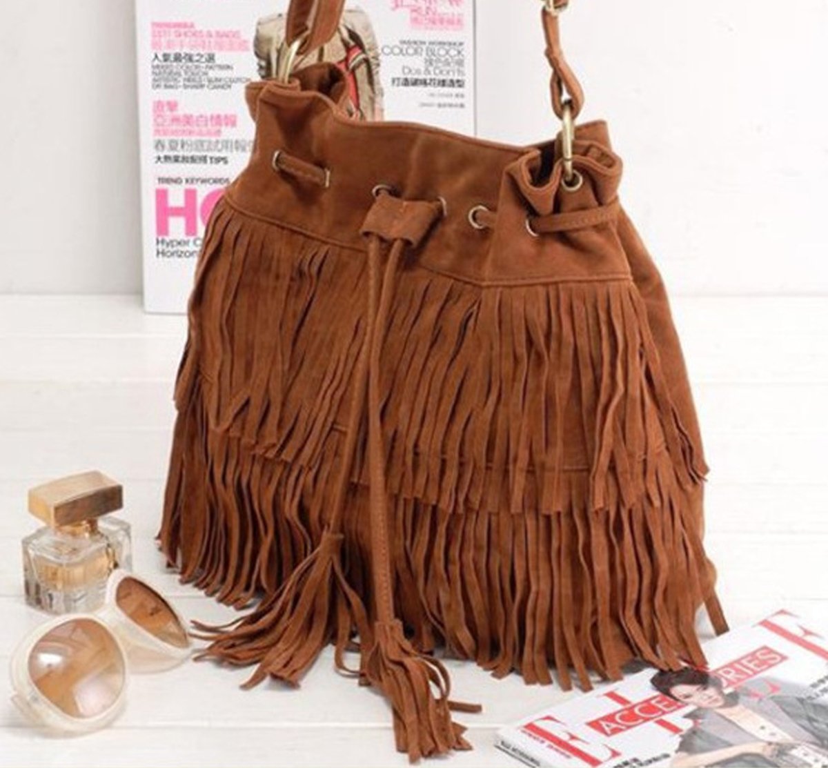Heidi Bag Women's Fringed Bucket Purse Tassel Faux Suede Shoulder Bag Ring Top-Handle Crossbody Bag (brown)