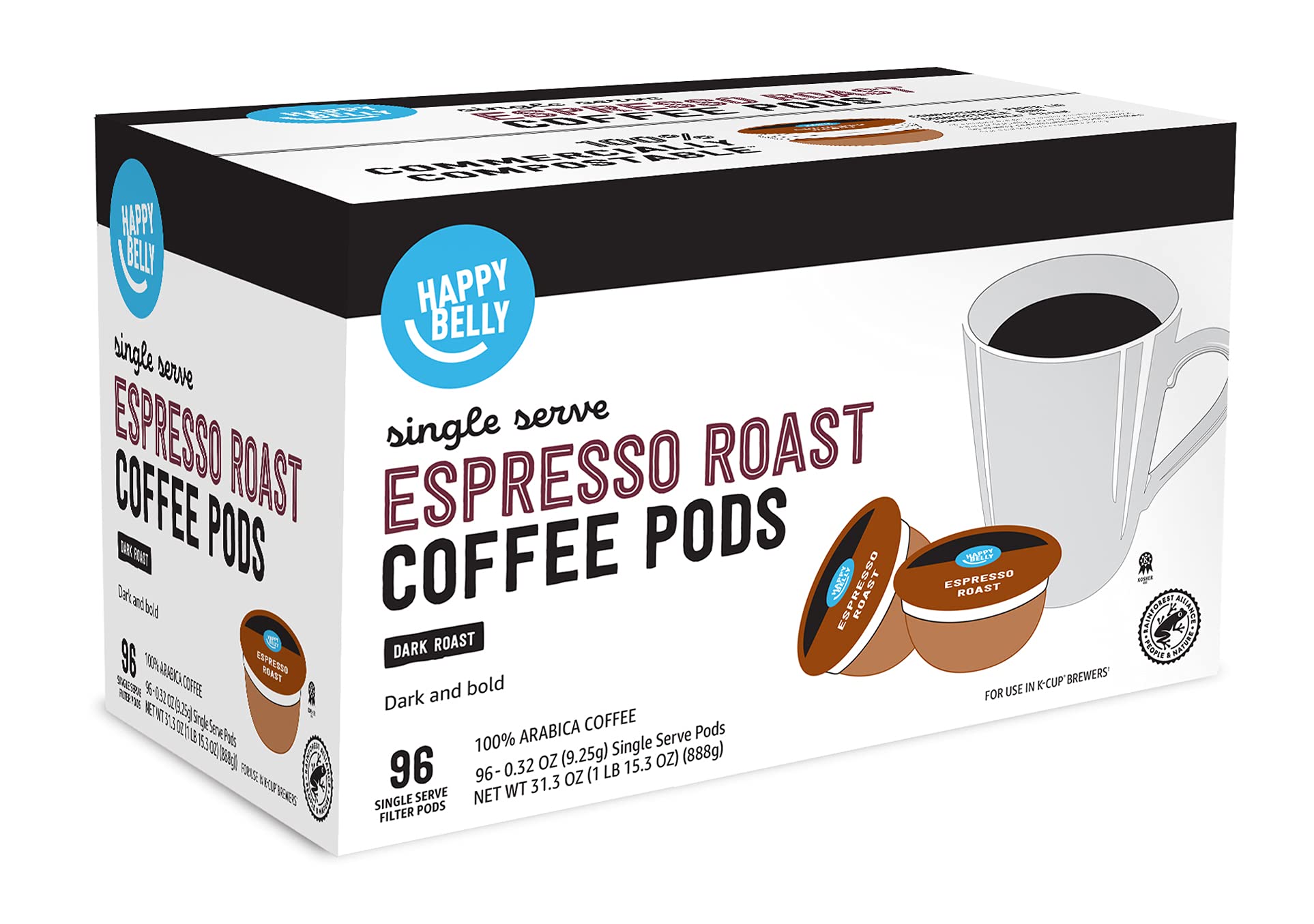 Amazon Brand - Happy Belly Espresso Roast Coffee Pods (Dark Roast), Compatible with K-Cup Brewer, 96 Count