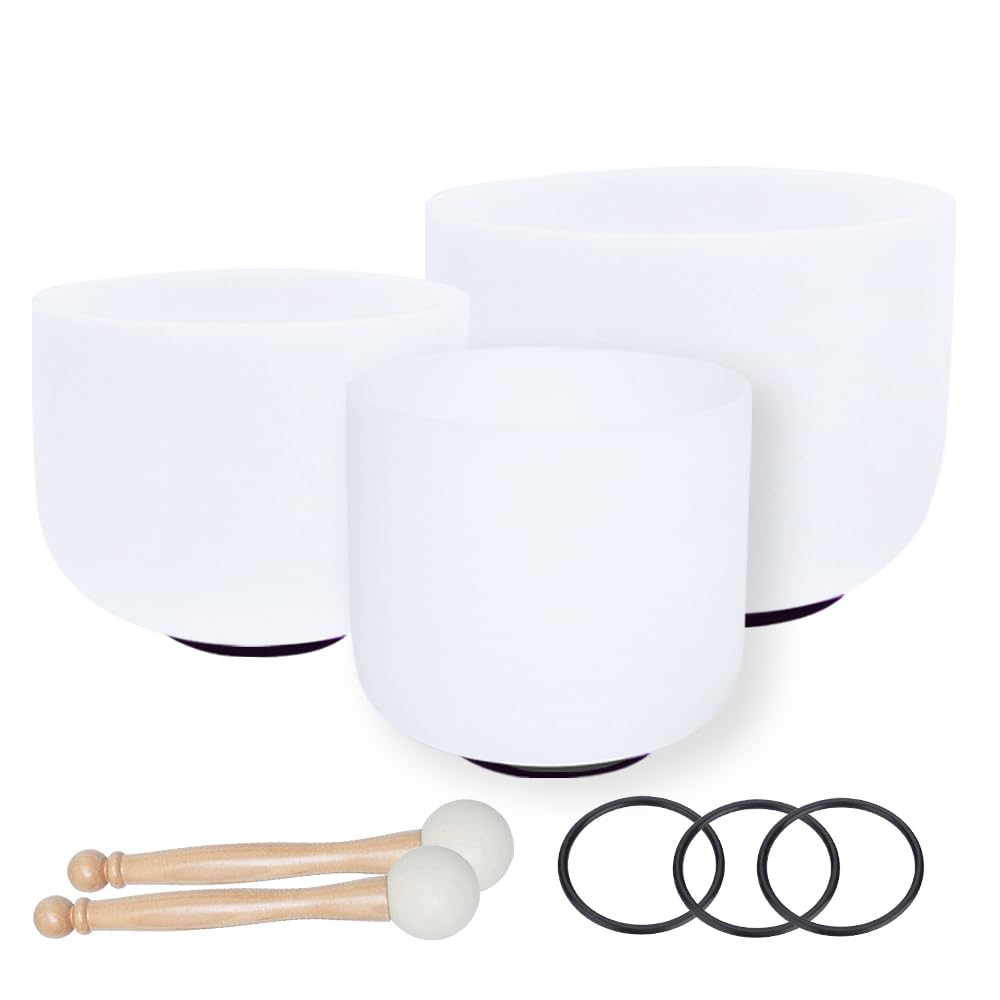 ENERGYSOUND Perfect Pitch 432Hz Frosted Chakra set of 3 PCS 12" C, 10" E 7" A Quartz Crystal Singing Bowl mallet and o-ring included