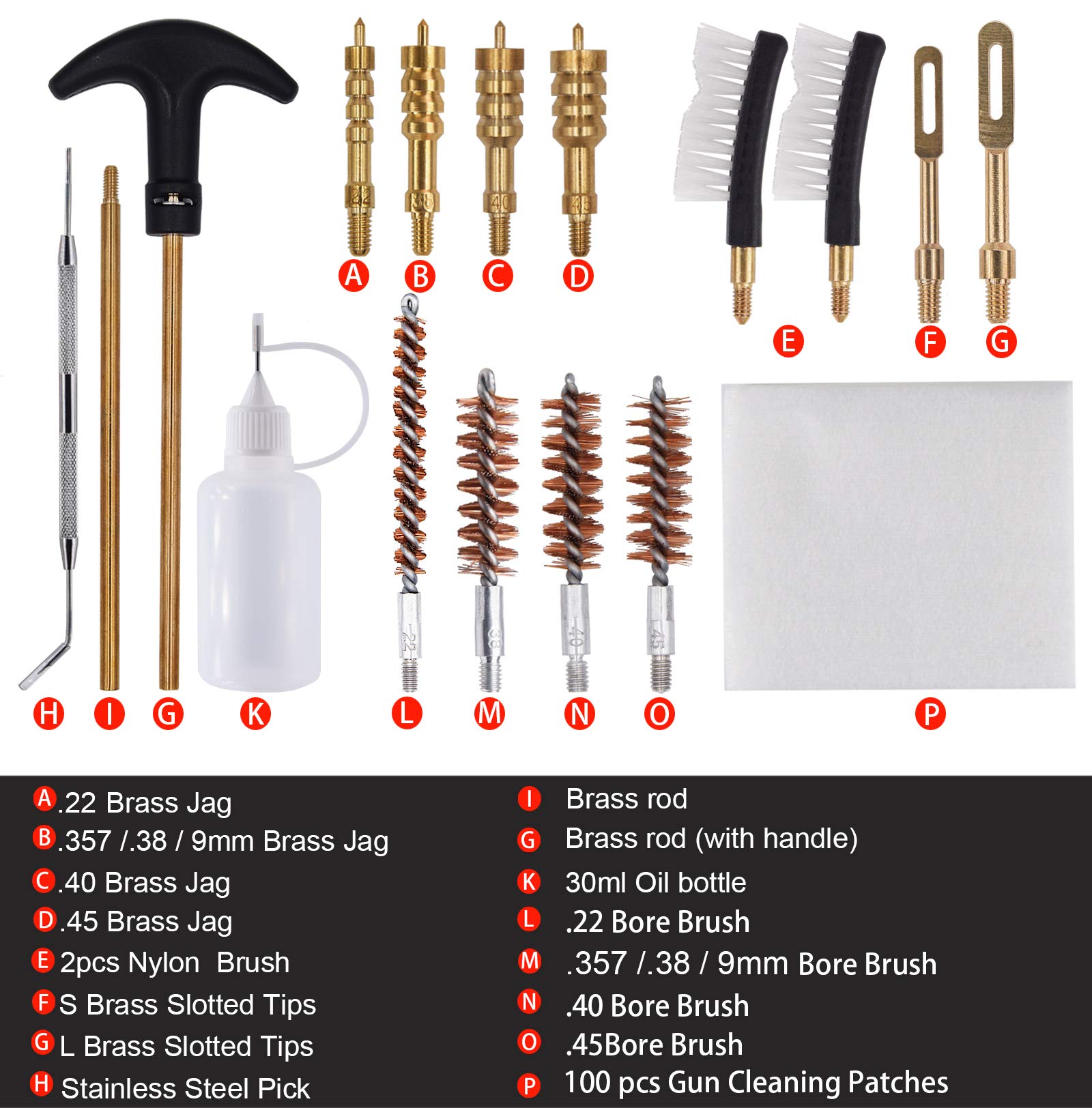 APCHYWELL 18 PCS Handgun Cleaning Kit for.22 .9mm/.357/.38/ .40 .45 Caliber Pistol with Bronze Bore Brush, Brass Jag Adapter, Empty Bottle, Nylon Brushes