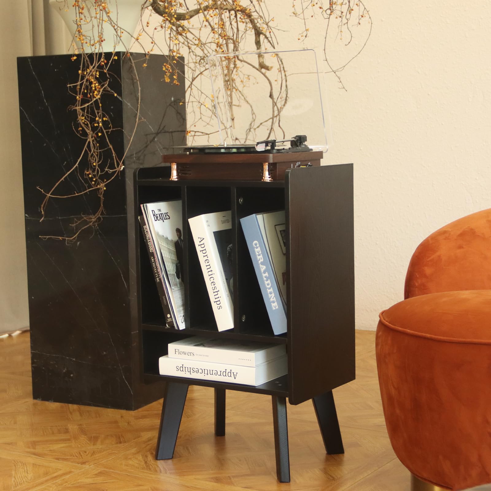 AWASEN Record Player Stand with Vinyl Storage, Turntable Stand with Record Storage, Vinyl Record Table Holds Up to 100 Albums, 3 Tier End Table for Living Room Bedroom Office Small Spaces (Black)