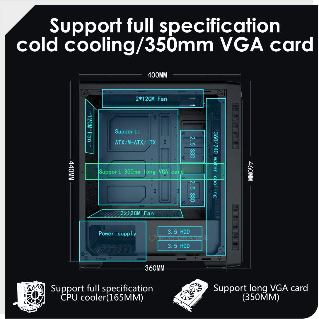 Apevia Aura-S-BK Mid Tower Gaming Case with 2 x Full-Size Tempered Glass Panel, Top USB3.0/USB2.0/Audio Ports, 4 x RGB Fans, Black Frame