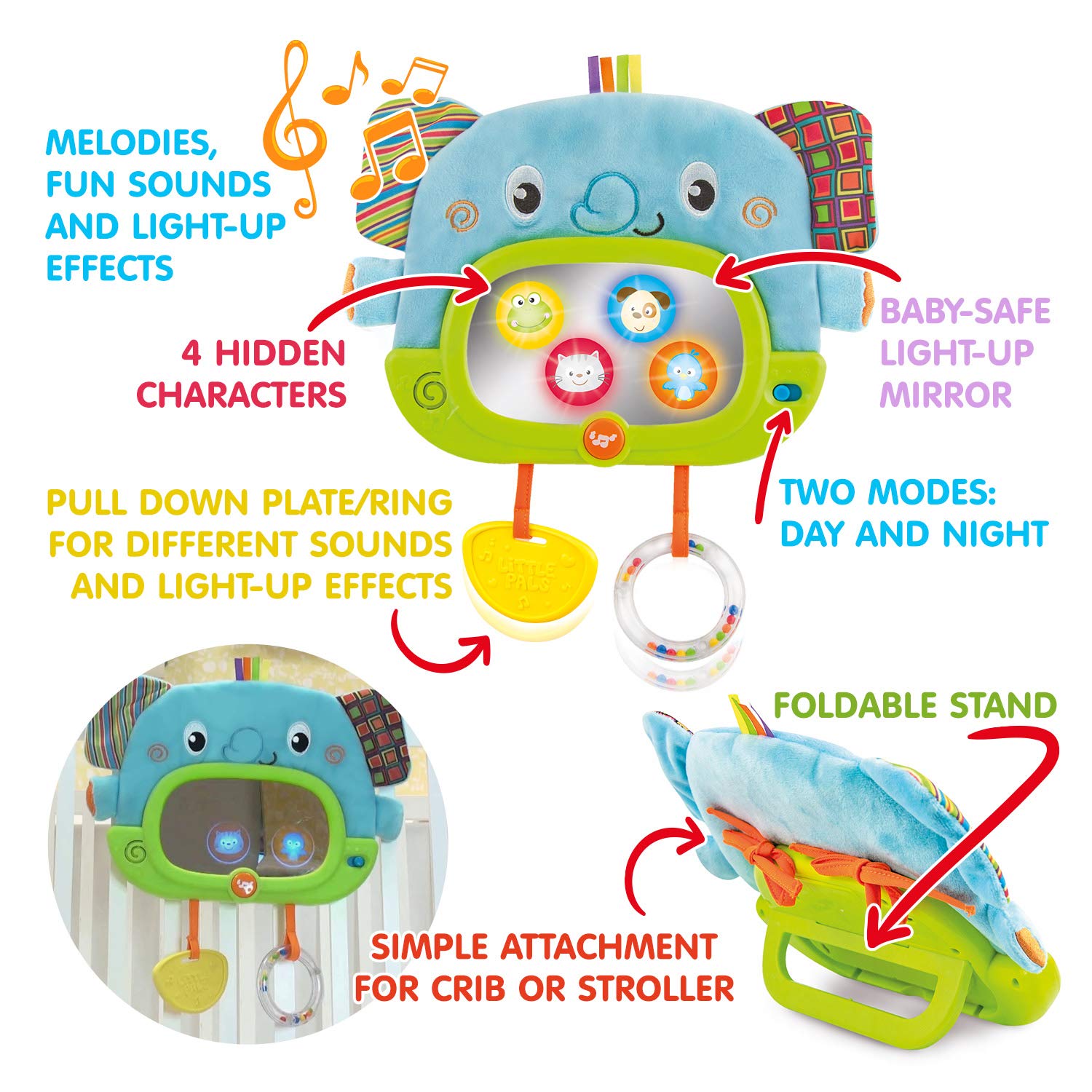 Baby Tummy Time Mirror for Floor, Crib, Play Gym & Stroller - Soft Elephant Baby Mirror w/Hidden Characters β Daytime Play & Nighttime Lullaby Modes β 0+ Months