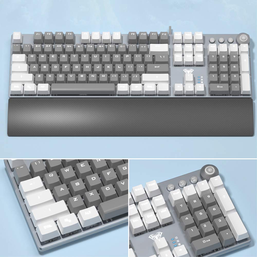 AULA F2088 Grey Mechanical Keyboard Wired with Wrist Rest, Media Knob, PBT Keycaps, White LED Backlit, 104 Keys Programmable Ergonomic Gaming Keyboards for PC MAC Desktop Computer Gamer (Black Switch)