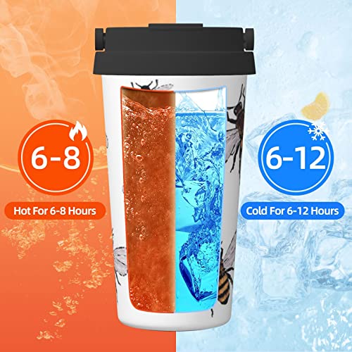 ANNAVA Travel Coffee Mug Vacuum Insulated Double Stainless Steel Hot/Cold Drink Cup, Lid With Invisible Lift Ring(17oz Funny Bees)