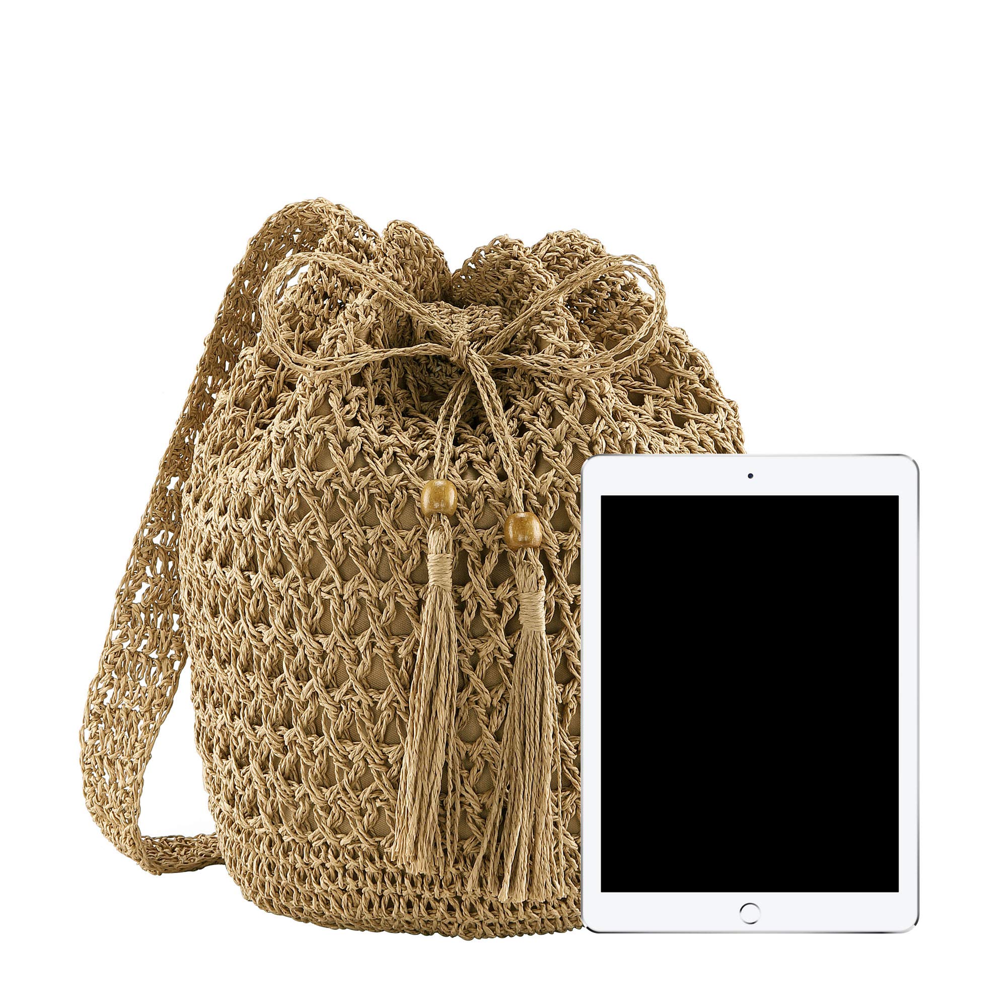 Ayliss Women Beach Handbag Straw Crossbody Shoulder Handbag Summer Beach Handmade Woven Bucket Bag Drawstring with Tassel (Khaki)