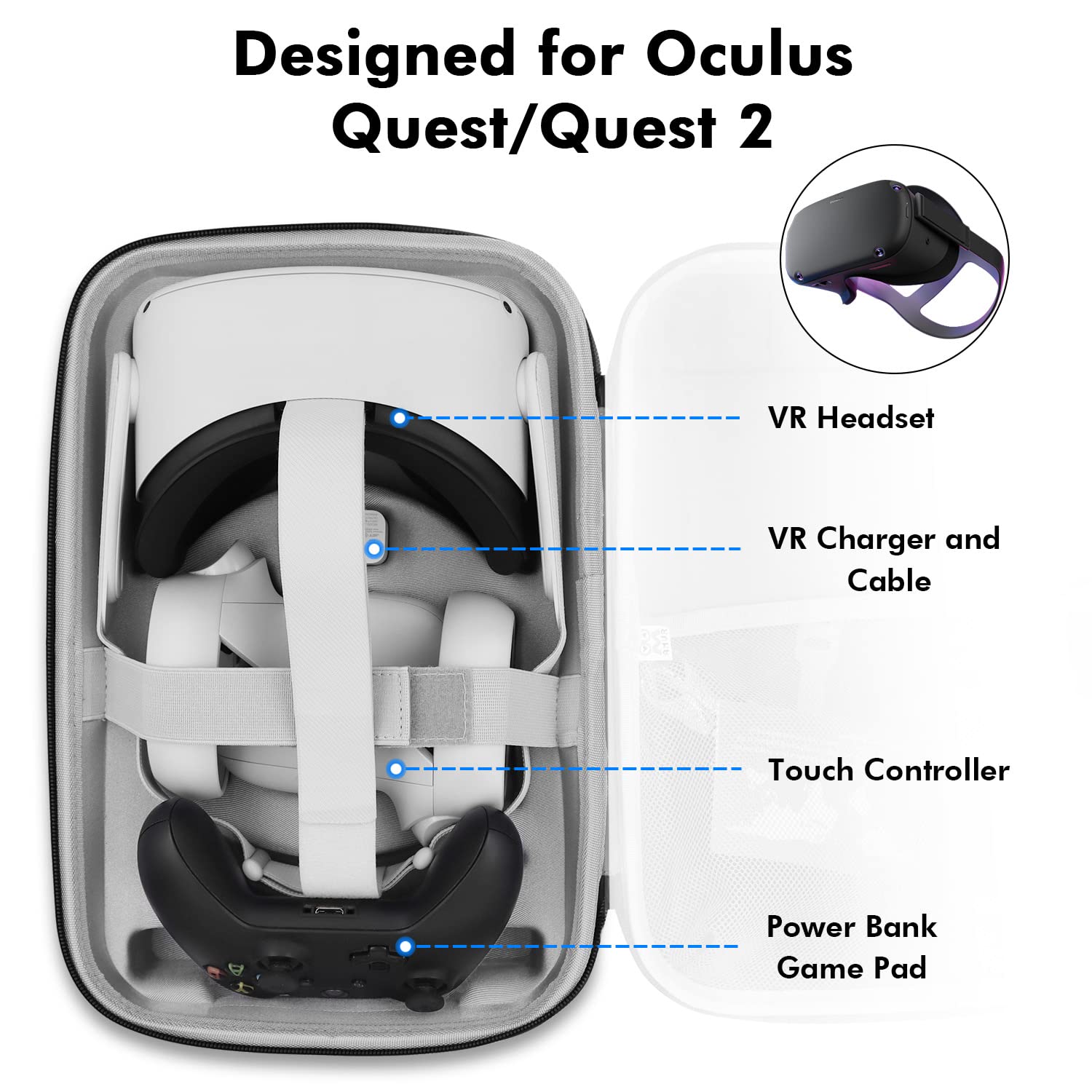 AMVR Leather Hard Carrying Case for Oculus Quest/Quest 2 VR Gaming Headset and Touch Controllers, Elite Strap Pad, Lightweight and Portable Travel Storage Bag for Quest 2 Accessories