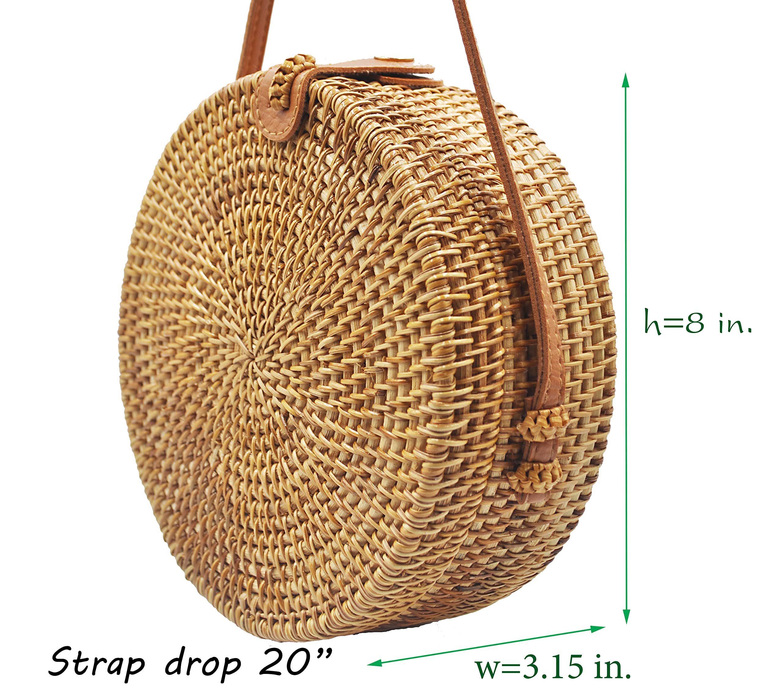 HAAN Handwoven Round Rattan Bag Made In Vietnam - Natural Stylish & Chic – Shoulder Real Leather Adjustable Strap
