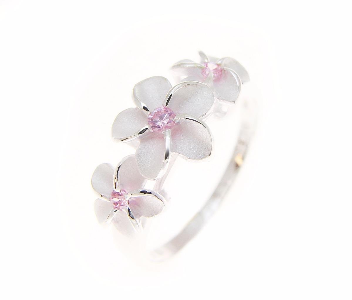 Arthur's Jewelry Sterling silver 925 3 Hawaiian plumeria flower ring pink cz size 10