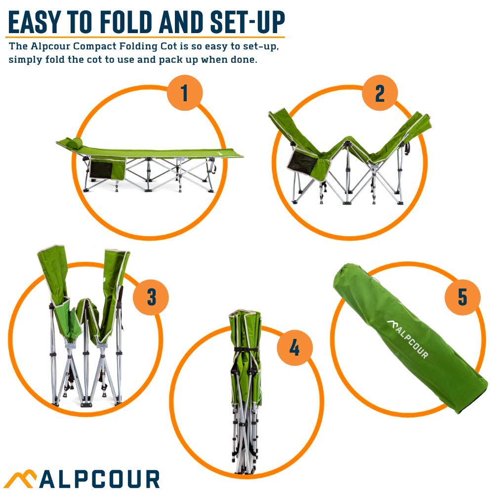 Alpcour Folding Camping Cot β Deluxe Collapsible Single Person Bed in a Bag w/Pillow for Indoor & Outdoor Use β Ultra Lightweight, Comfortable, Heavy Duty Design Holds Adults & Kids Up to 300 Lbs