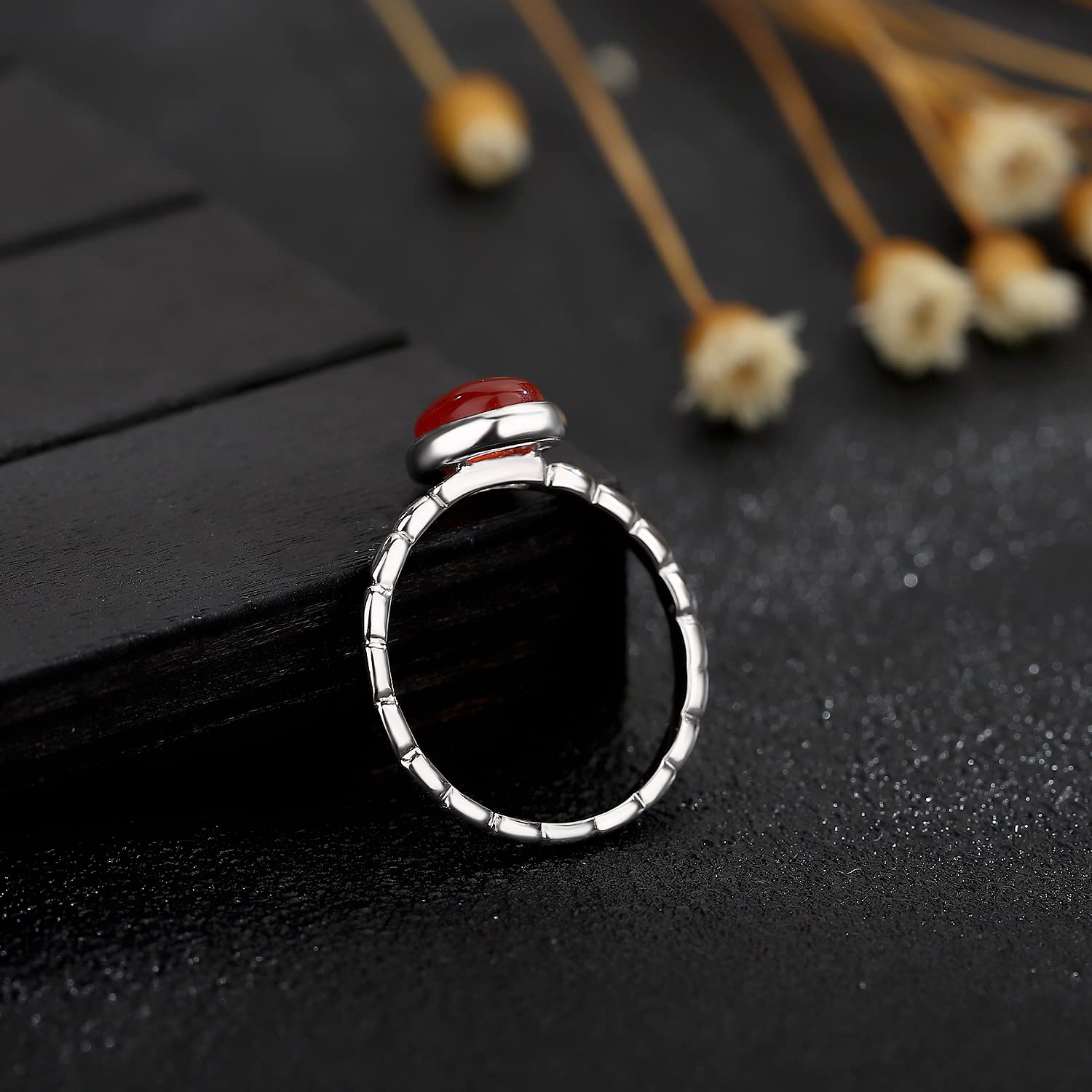 Althum Carnelian Ring for Women Sterling Silver Red Crystal Solitaire Ring Size 6