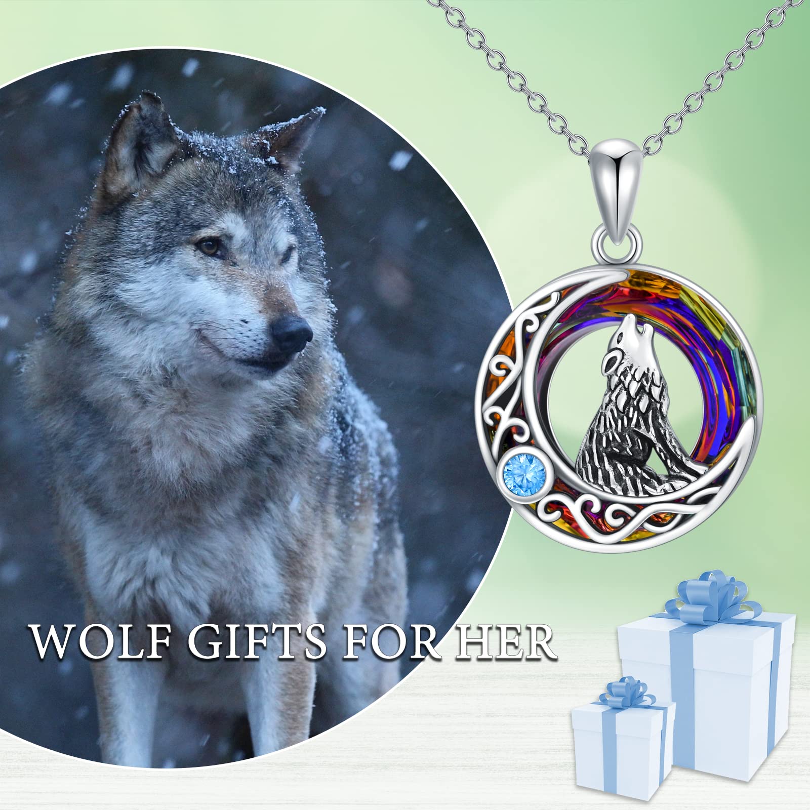 AOBOCO Sterling Silver Celtic Moon Wolf Pendant Necklace, Wolf Jewelry Birthday Gifts for Women Her
