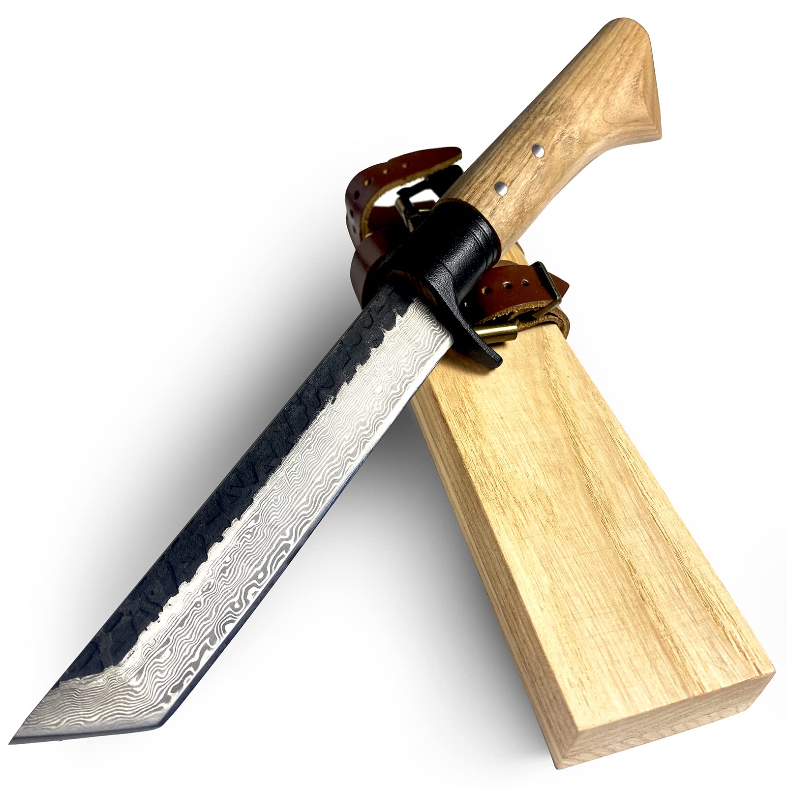 AULAKNIV Damascus Tanto Fixed Blade Hunting Knife with Wooden Sheath, Japanese Camping Survival Knives with Wooden Handle