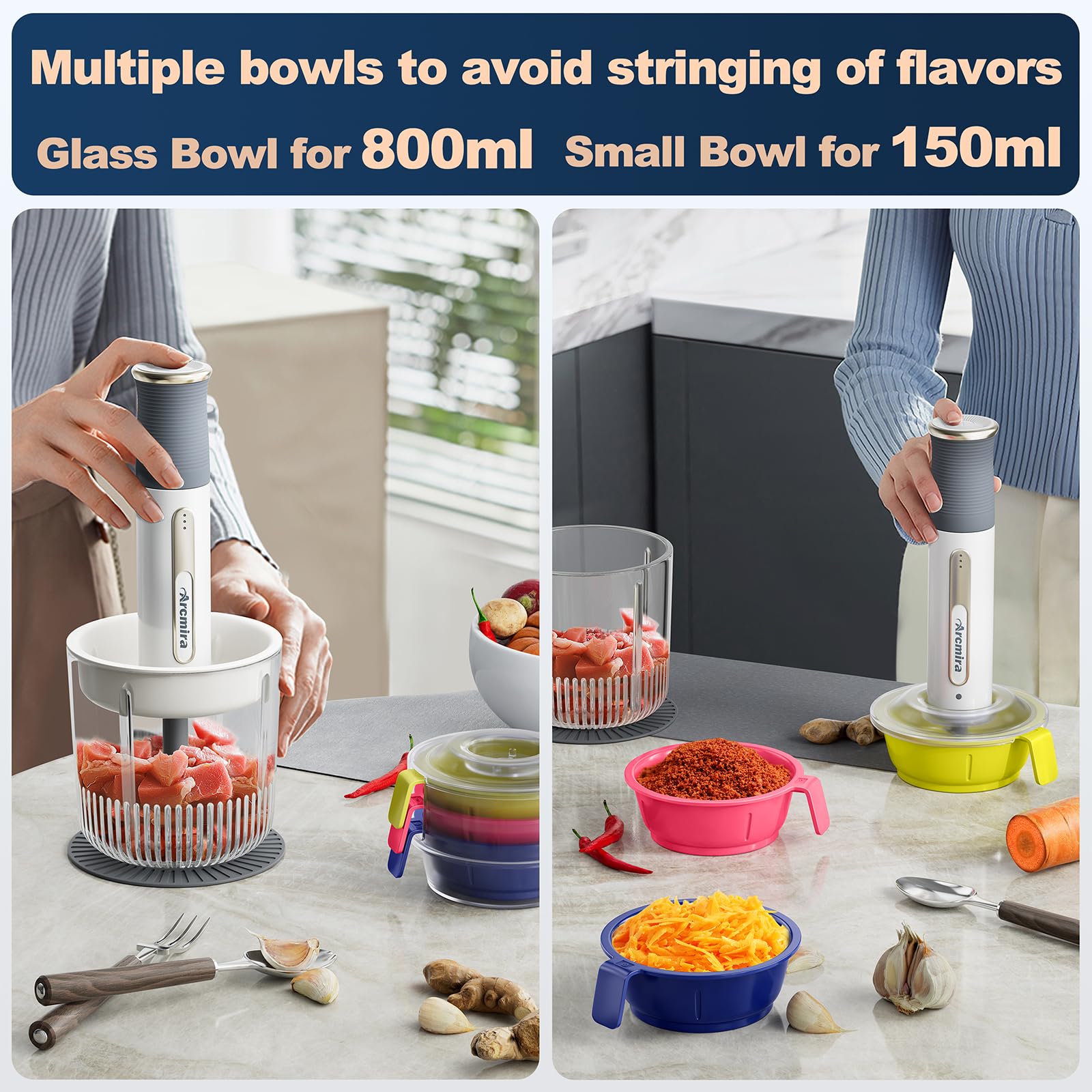Arcmira Food Processor Cordless with 4 Bowls & 2 Blades, 3-in-1 Multifunction Electric Chopper/Meat Grinder/Vegetable Chopper/Garlic Peeler, Ideal for Chopping Meat, Veggie, Onion, Garlic & Baby Food