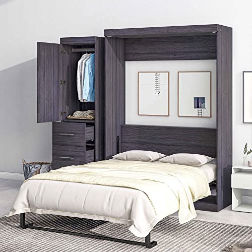ATY Full Size Murphy Bed with Wardrobe and Drawers, Wood Storage Bedframe Can be Folded into a Cabinet, Bedroom Furniture, Save Space Design, No Box Spring Required, Gray