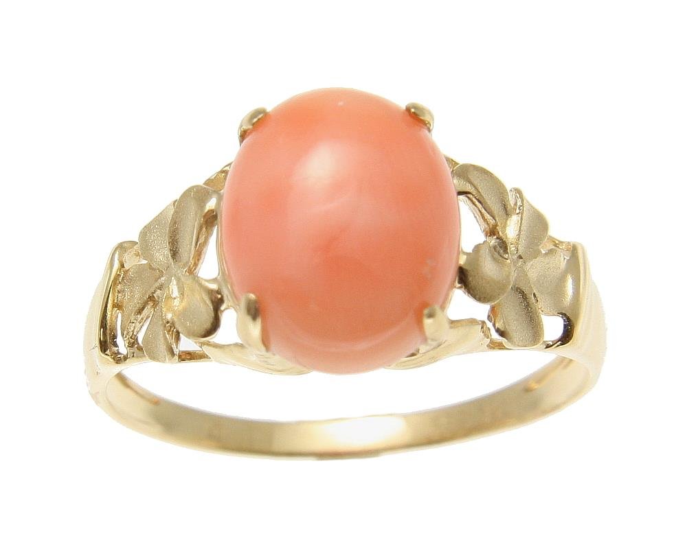 Arthur's Jewelry Genuine natural pink coral ring Hawaiian plumeria flower solid 14k yellow gold
