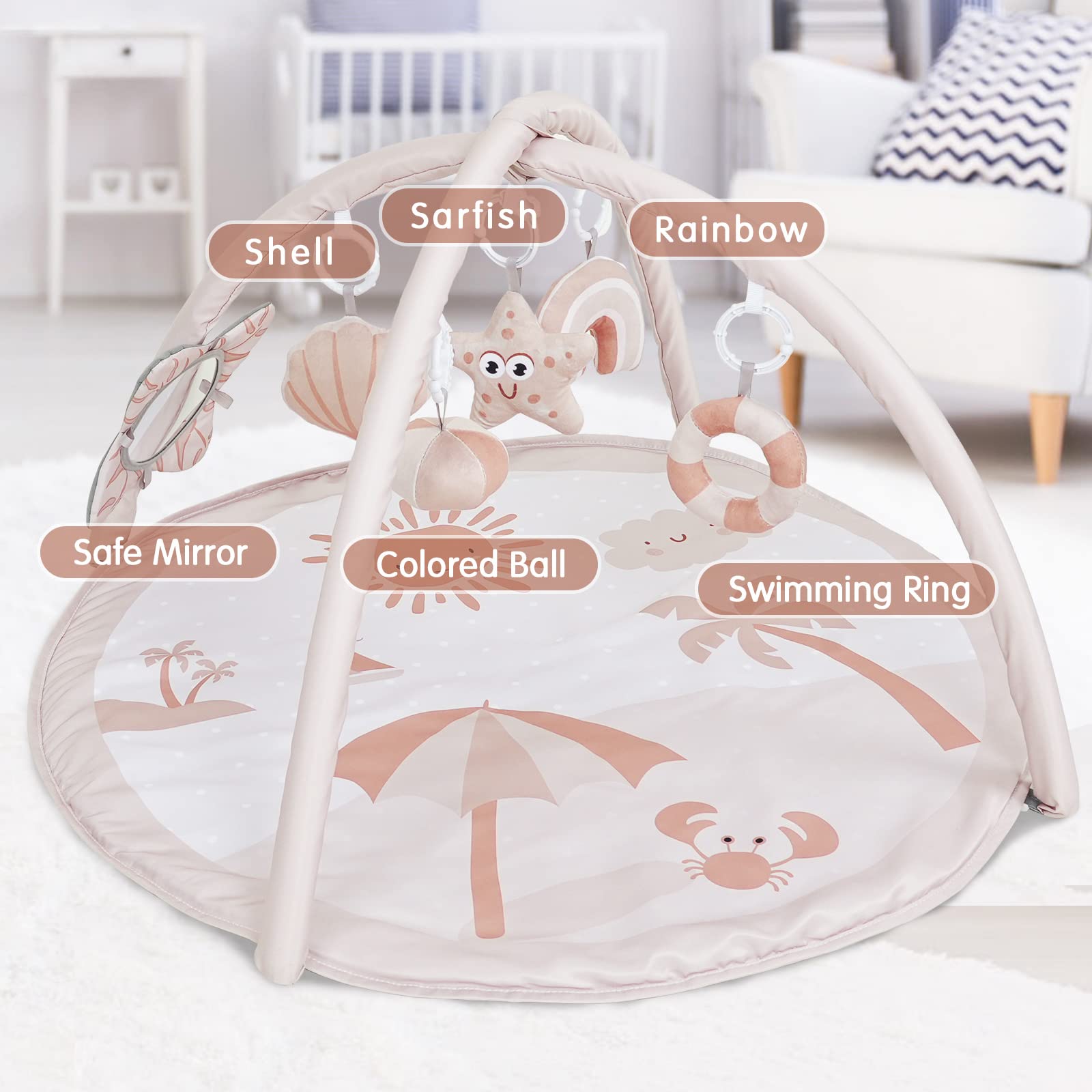 Baby Gym and Infant Play Mat, Sensory and Motor Skill Development Language Discovery Activity Gym, Non Slip Washable Playmats for Babies to Toddlers (Ocean Theme)