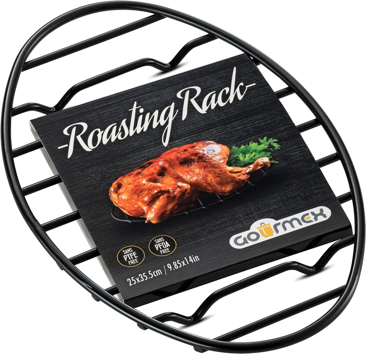 Black Oval Roasting Rack with Integrated Feet | Stainless Steel Kitchen Rack With Non-Stick Coating, PTFE Free | Oven and Dishwasher Safe | Ideal for Cooking, Large Turkey Roasting, Drying, Grilling