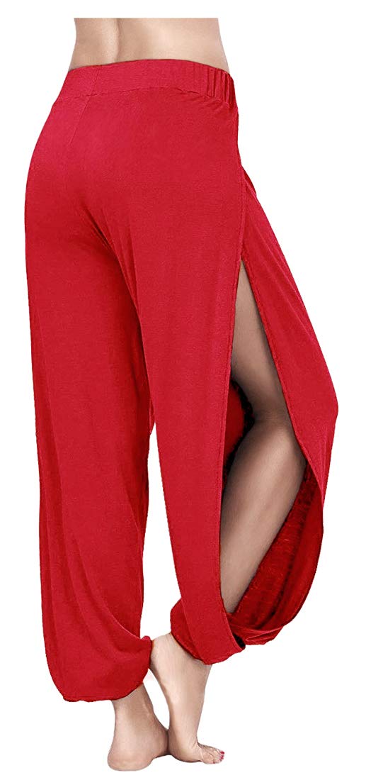 ARJOSA Women's Side Slit Harem Yoga Pants Split Wide Leg Lounge Beach Pants Pajama Bottoms (Large, Red)