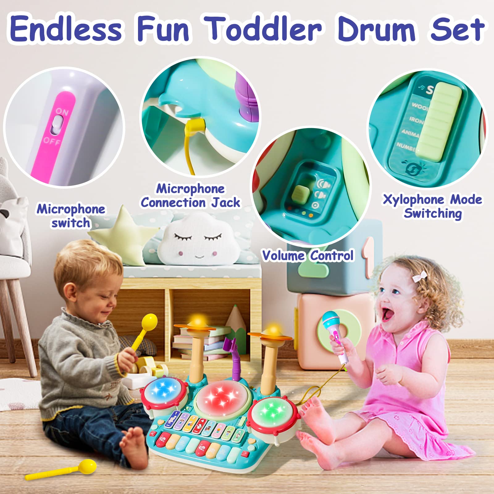 Fajiabao Kids Drum Set for Toddlers 1-3 with Microphone, Baby Drum Kit Musical Toys for 1 Year Old Boy Girl Light Piano Keyboard, Early Learning Instruments for 6 12 18 Month