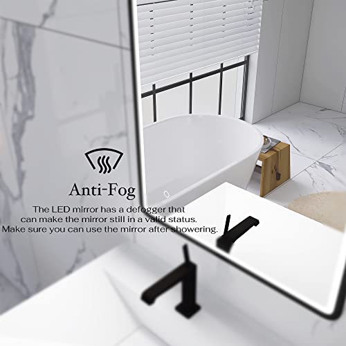 AMOCID Wall Mount Mirror for Bathroom with Lights 32 x 24 inch Rectangular Black Framed Wall-Mount Anti-Fog LED Light Bathroom Vanity Mirror Vertical or Horizontal