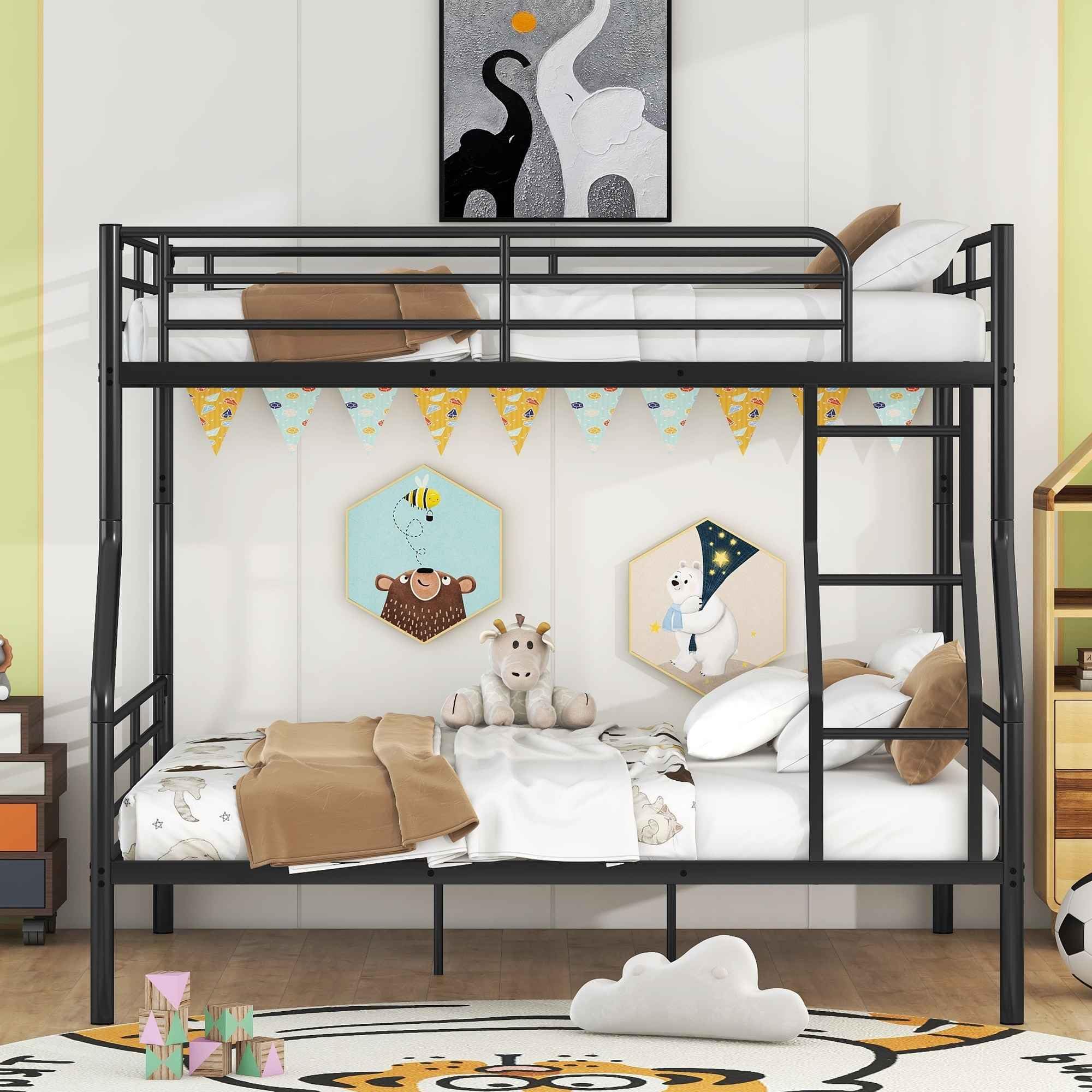 ATY Metal Bunk Bed Full XL Over Queen Size, Convertible Sturdy Bedframe w/Ladder and Guardrail, Can Seperated into 2Beds,No Box Spring Needed, for Kids, Teens, Adults, Black