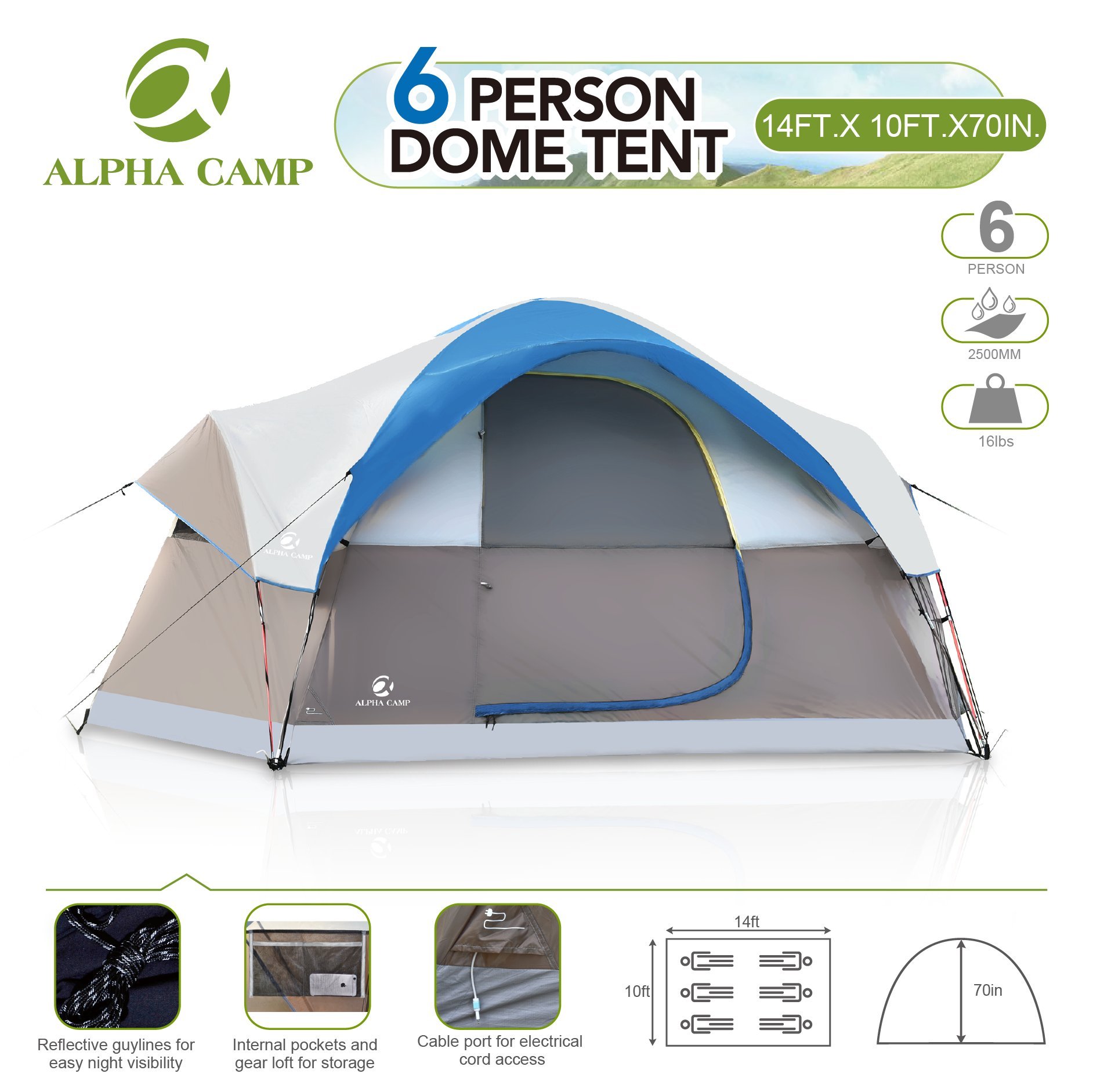 ALPHA CAMP Dome Family Tent Camping Tent 6 Person - Blue 14' x 10'