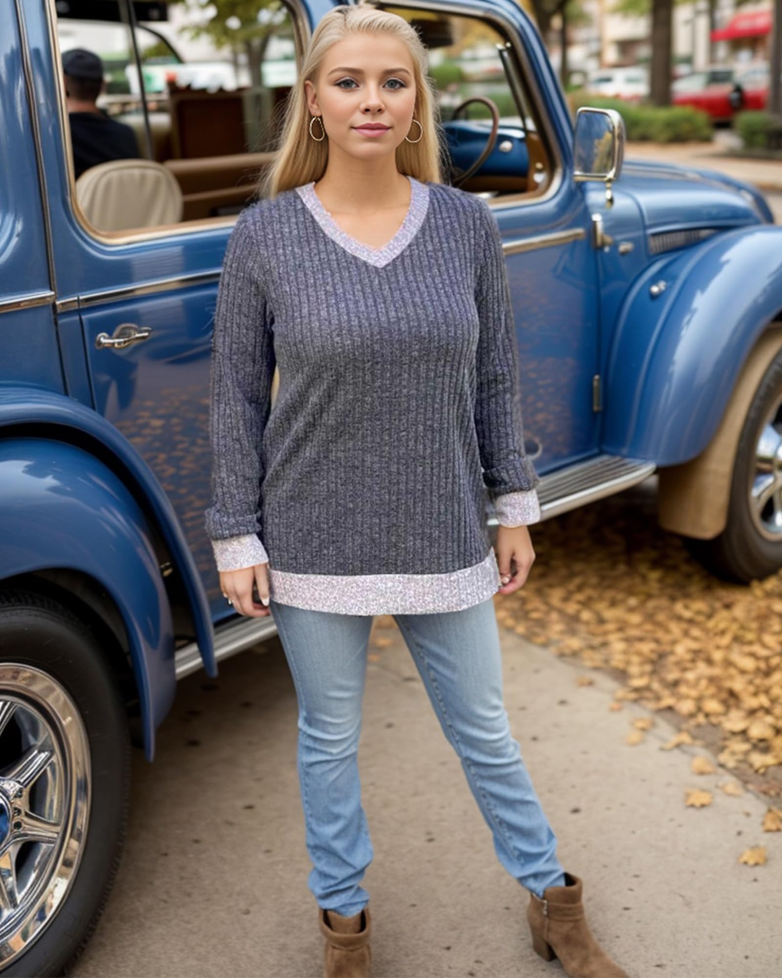 Aokosor Fall Sweaters for Women 2023 Grey V Neck Tunic Tops with Leggings Long Sleeve Shirts XL