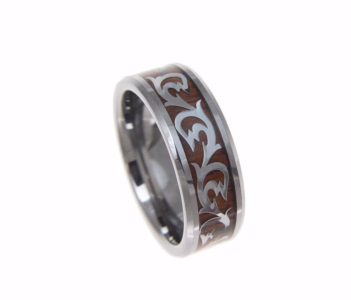 Arthur's Jewelry Genuine inlay Hawaiian koa wood shiny scroll band ring tungsten comfort fit 8mm size 9