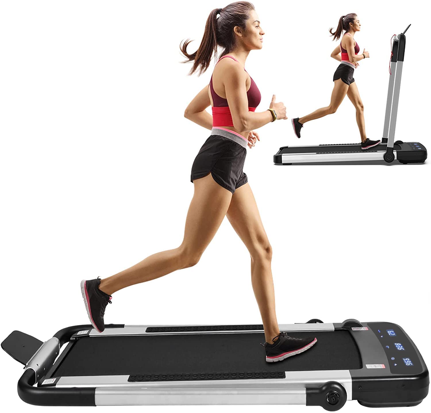 Anpuce 2 in-1 Folding Treadmill, 2.25 HP Under Desk Treadmill, Compact Installation-Free with Remote/APP Control and LED Display, Device Holder Walking Jogging Running for Family & Office Use, Sliver