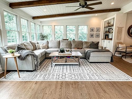 BoutiqueRugs Greig Farmhouse Moroccan Geometric Area Rug - Boho Aztec Tribal Carpet for Living Room - Black, Charcoal, Light Gray - 7'10" Round Rug