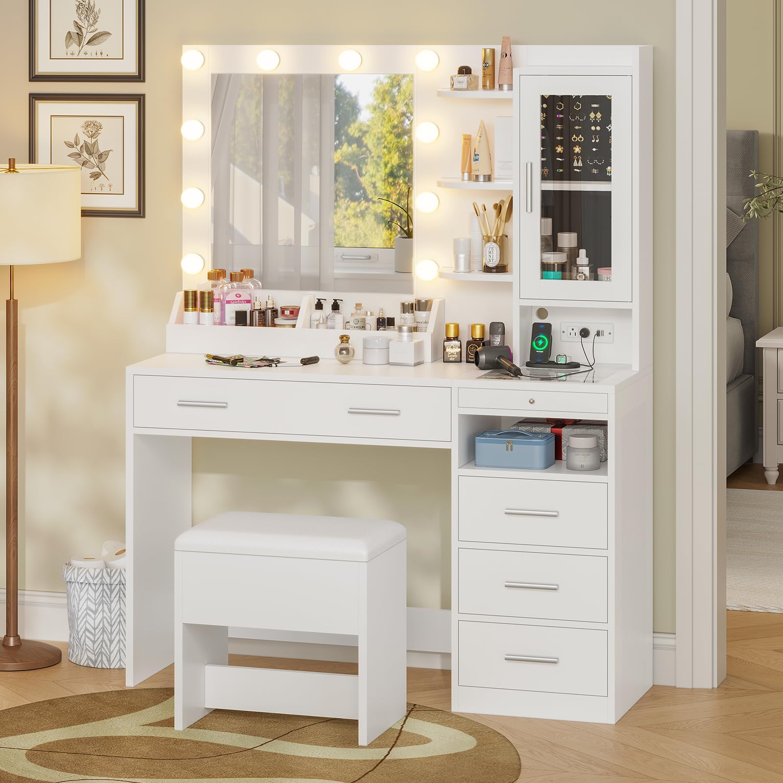 BTHFST Makeup Vanity with Upholstered Stool & Jewelry Storage, Vanity Desk with Mirror and Lights & Charging Station, Makeup Desk with Drawers & Shelves & Glass Top, White