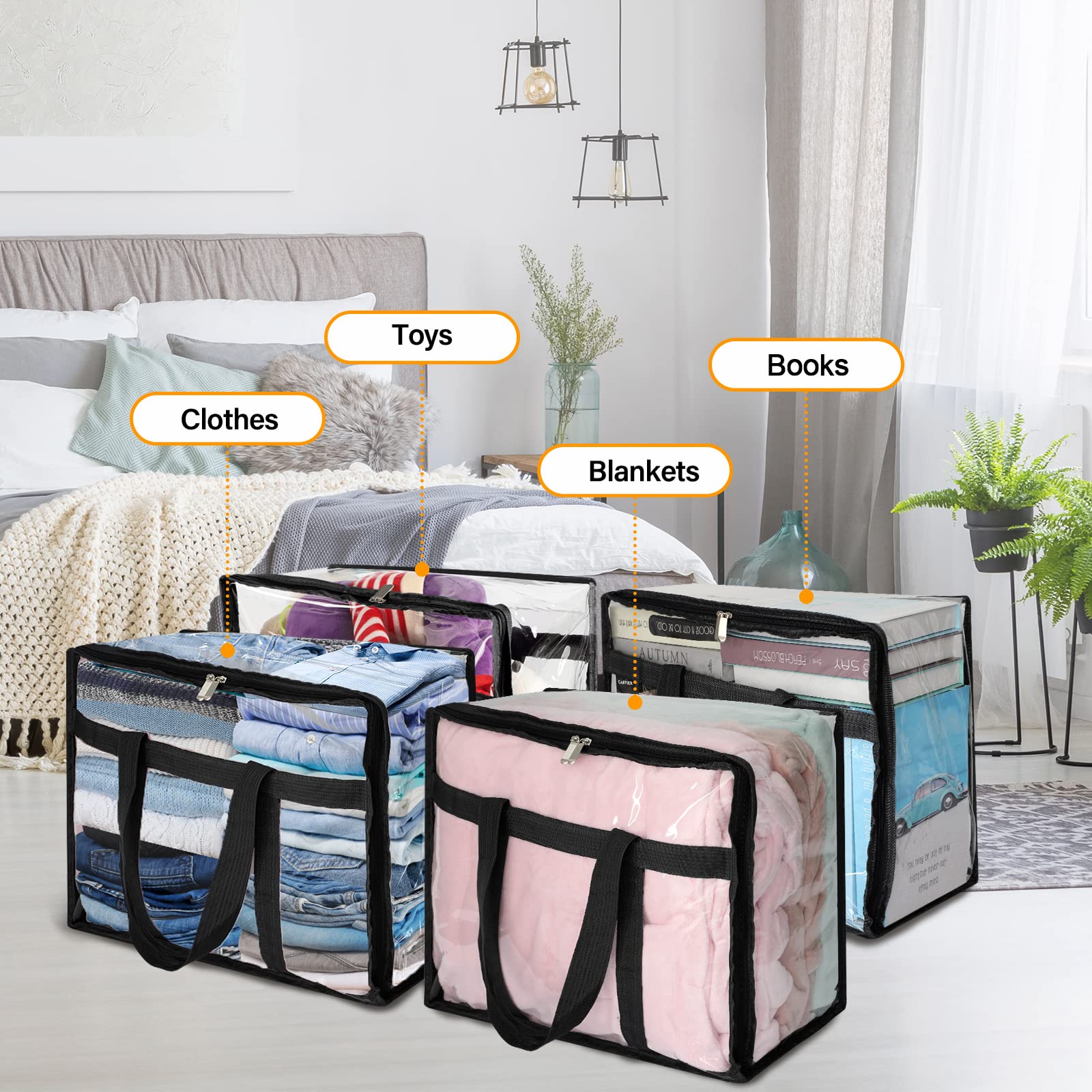 Fixwal 4 Pack Clear Clothes Storage Bags Organizer, 60L Moving Storage Totes with Sturdy Zipper, Bedding Storage Containers with Reinforced Handles for Blankets Comforter Space Saver(Black)