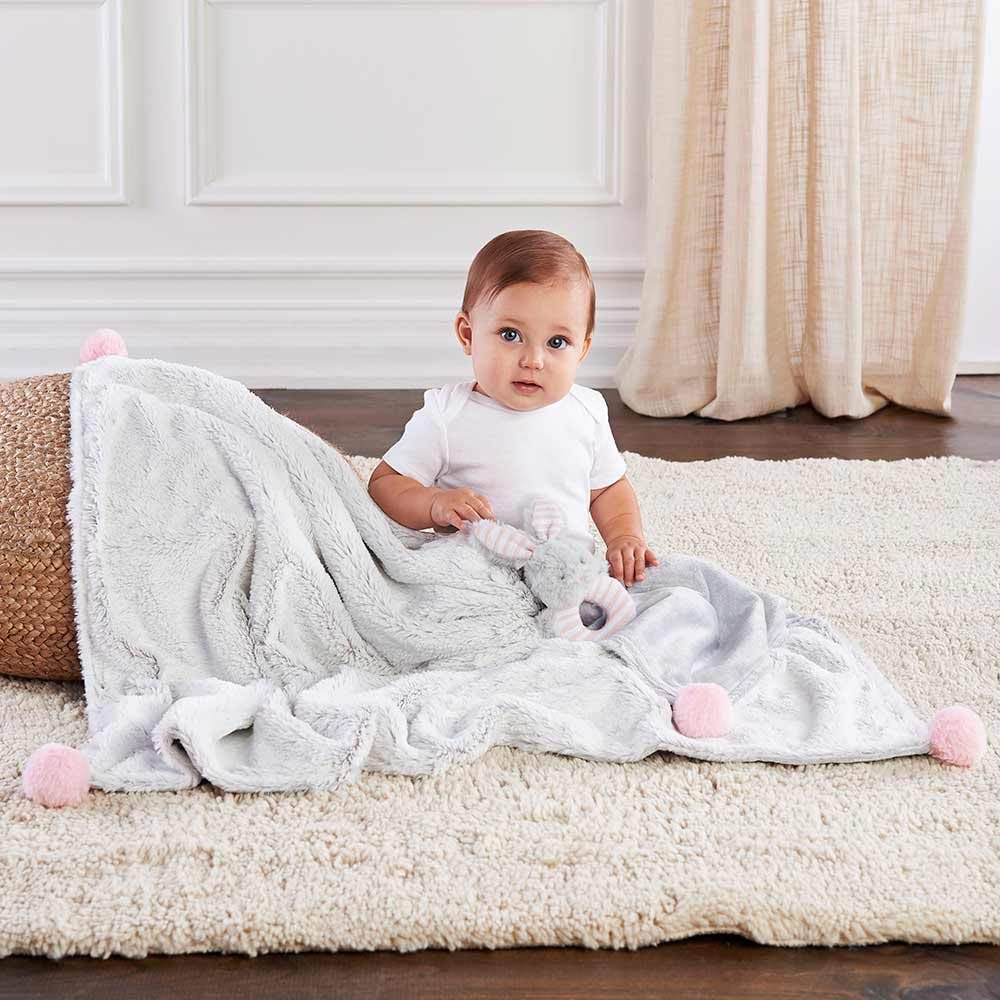 Baby Aspen Luxury Baby Blanket and Bunny Rabbit Rattle Gift Set - Pink/Light Gray/Light Pink