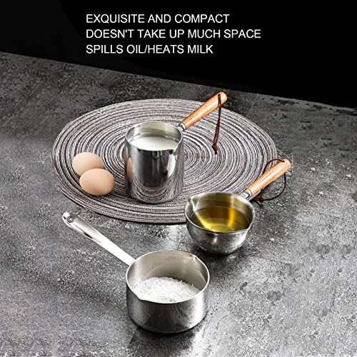 Turkish Coffee Pot Milk Warmer Pot 450ML Stainless Steel Butter Warmer Mini Butter Coffee Milk Pot Small Saucepan with Wooden Handle for Chocolate Heating Camping