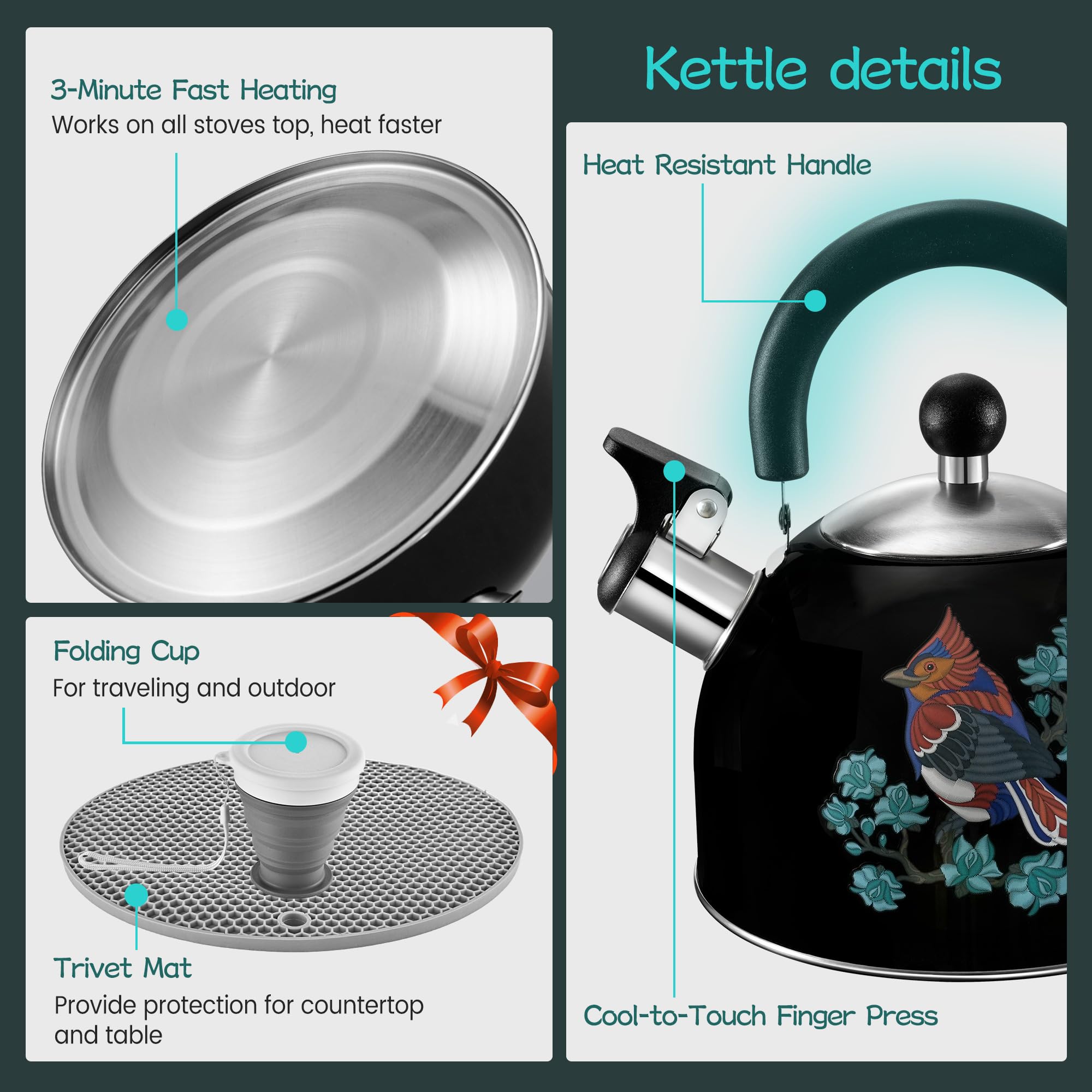 ARC Stainless Steel Whistling Tea Kettle, Magic Color Changing Design 2-Quart Stovetop Kettle Whistle Kettle with Folding Cup & Trivet Mat