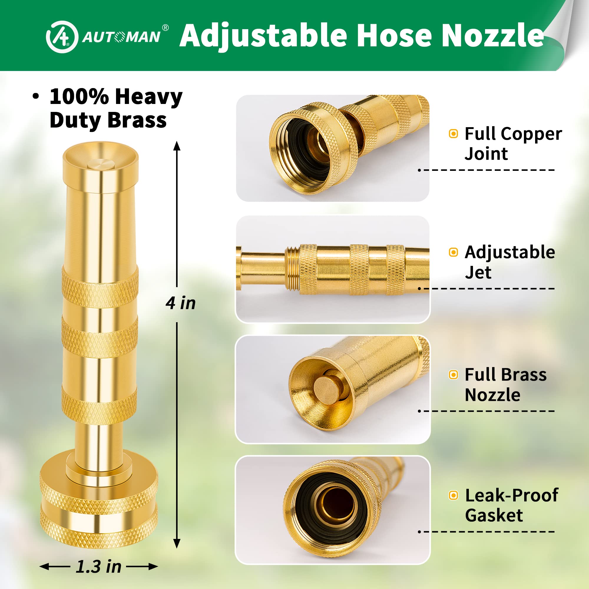 AUTOMAN Brass Hose Nozzle β High Pressure Jet Nozzles 2 Pack, Heavy Duty Sprayer for Garden Hoses, Adjustable Spray Gun, Solid Twist Water Hose Nozzle for Patio, Lawn, Car Wash, Extra 6 Rubber Washers