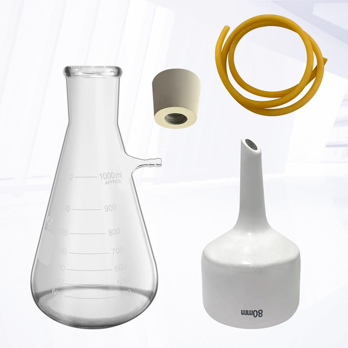 Buchner Funnel Filter Flask Set,Buchner Ceramic Funnel Kit with 1000ml Vacuum Flask and 80mm Ceramic Funnel