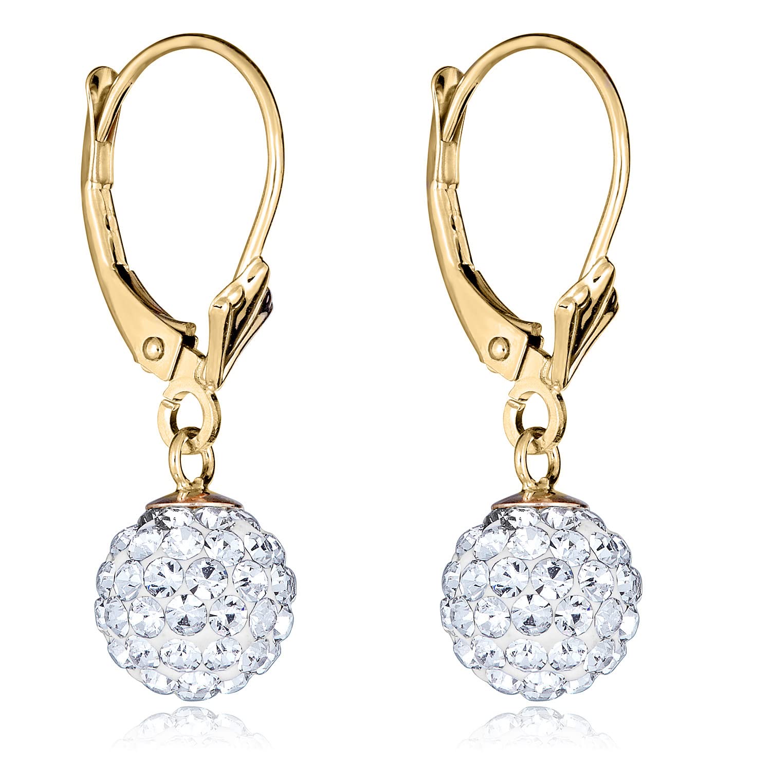 AVORA 10K Yellow Gold 8mm Swarovski Elements Crystal Dangle Ball Lever-back Drop Earrings