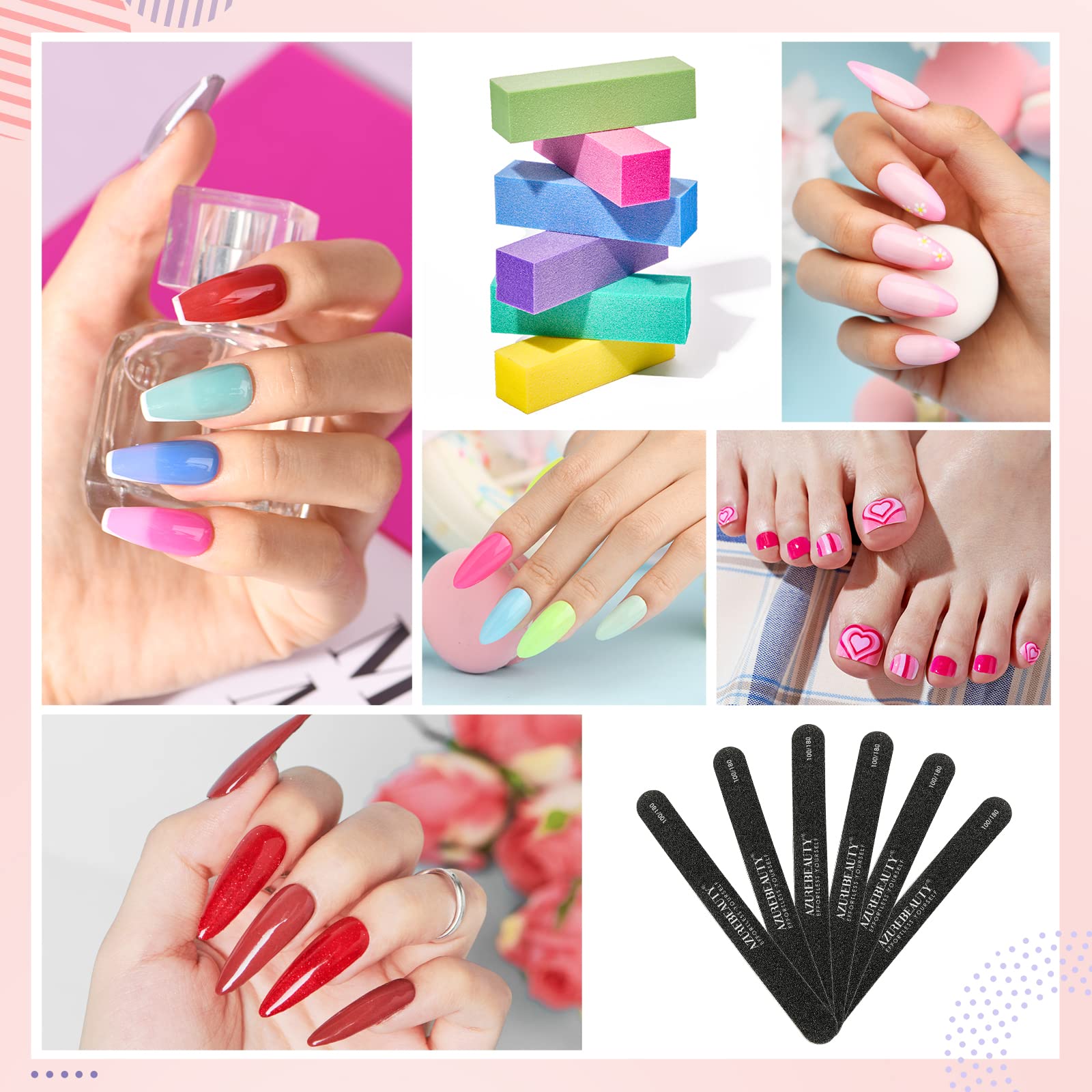 AZUREBEAUTY Nail Files and Buffers, 12Pcs Professional Dip Powder Manicure Tools Kit, 6 Pcs Double Sided 100/180 Grit Nail Files & 6Pcs Rectangular Nail Buffer Block Random Color
