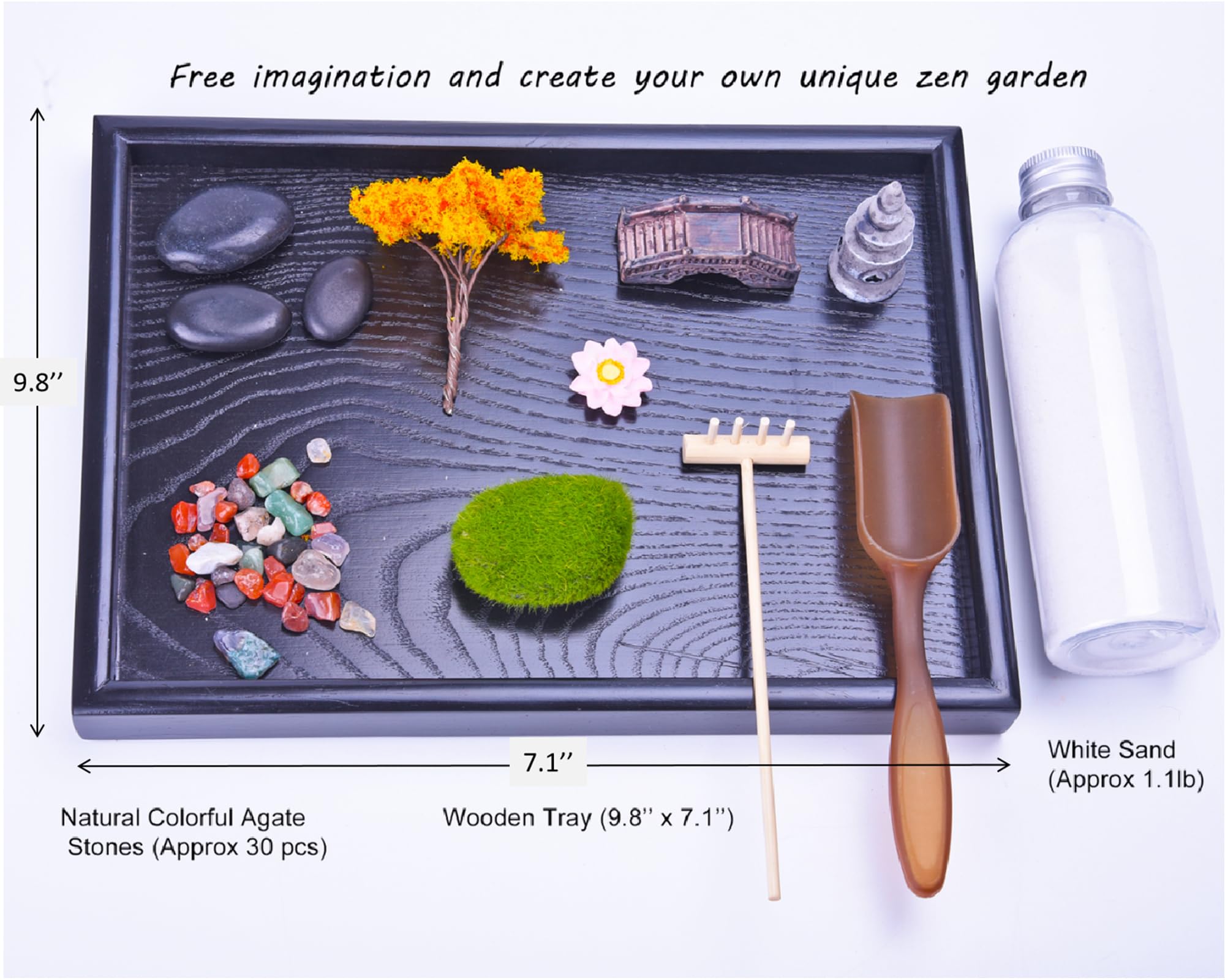 Japanese Zen Garden Kit - Mini Garden with Rock Bridge Pagoda Maple Trees Agate Stones - Meditation Gift Set for Relaxation - Home & Office Desk Decor with Rake Tools and Zen Accessories,Black